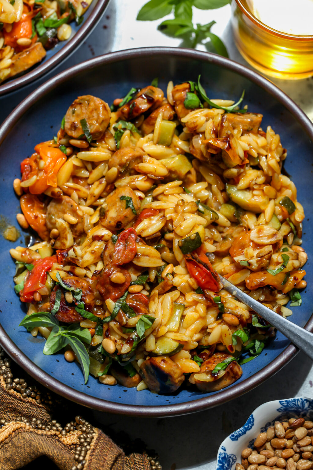 One Pan Chicken Sausage Orzo with Burst Tomatoes - Dishing Out Health